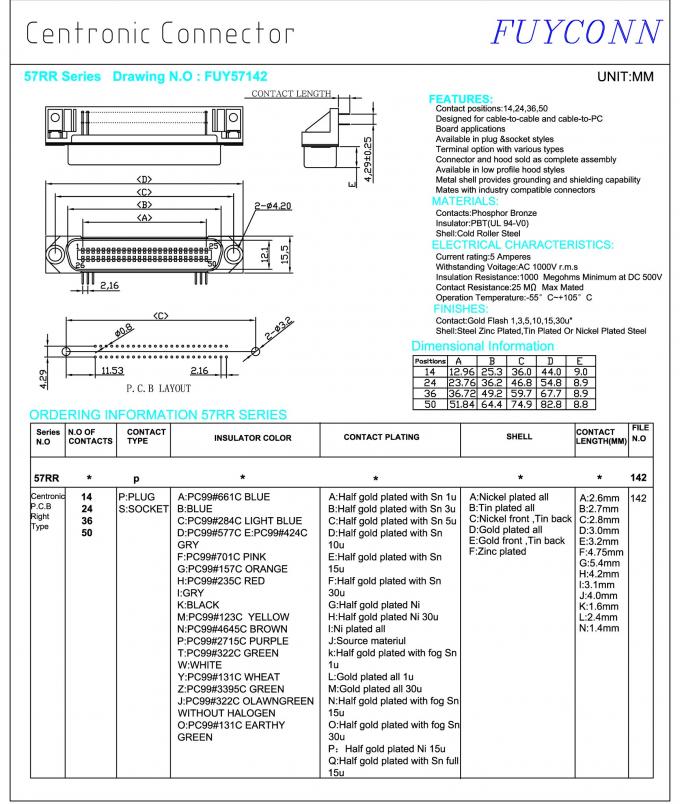 Centronic 50 Pin Connectors, Male PCB Right Angel Connector Certificated UL